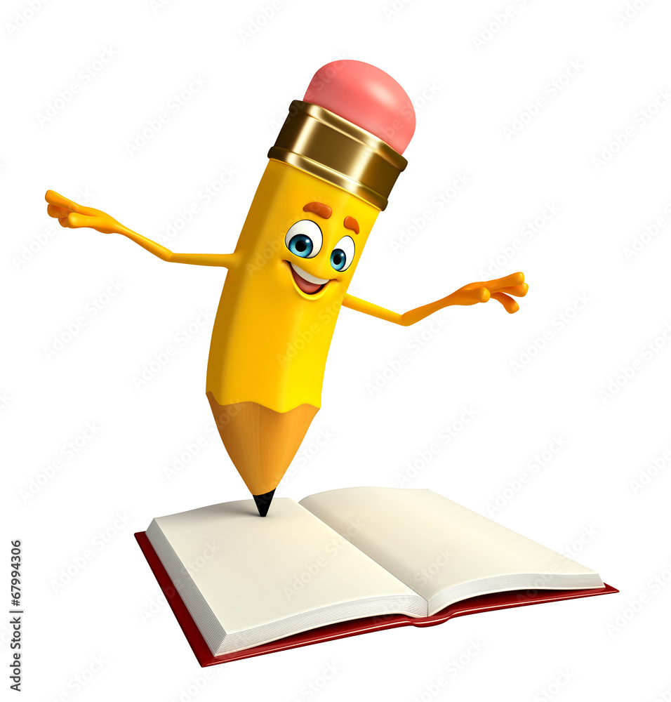 Pencil Character with open book Stock Illustration | Adobe Stock