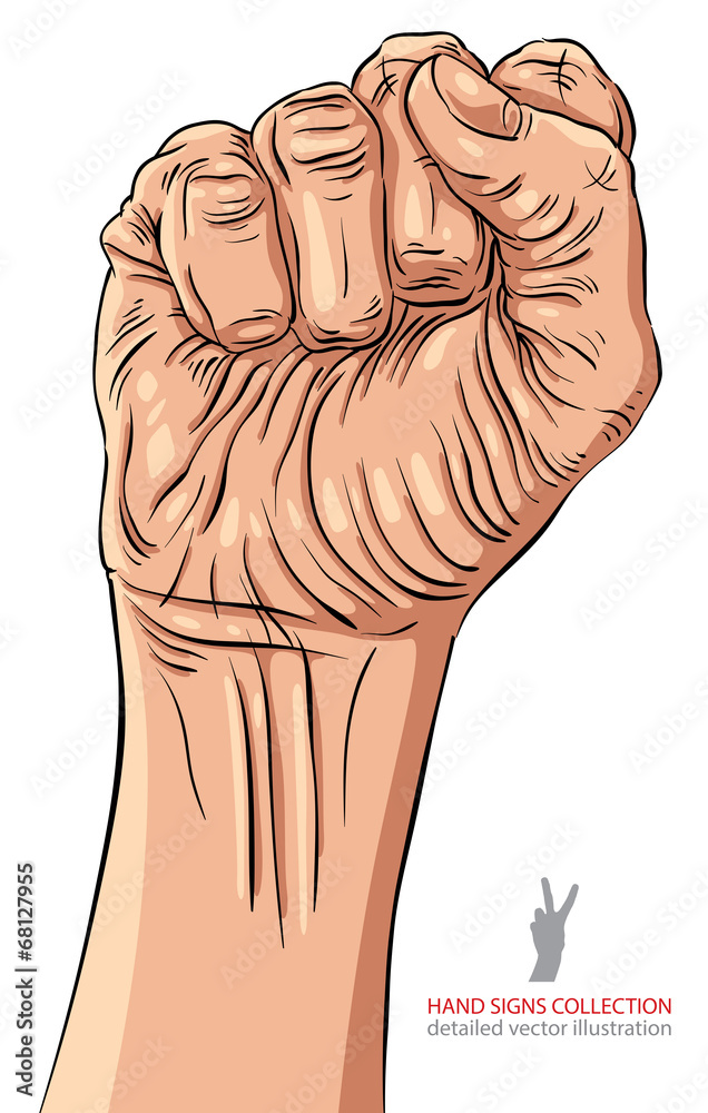 Clenched fist held high in protest hand sign, detailed vector Stock ...
