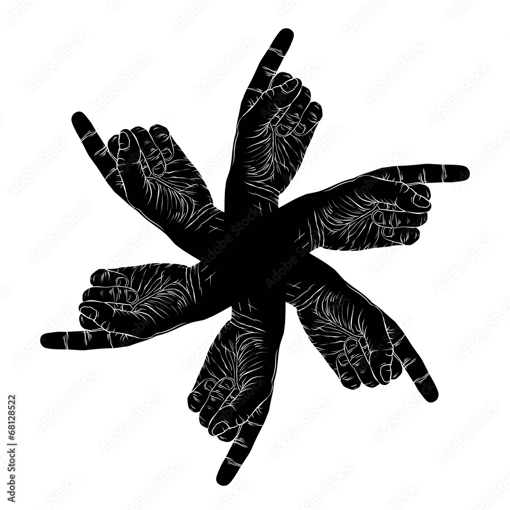 Six pointing hands abstract symbol, black and white vector speci Stock ...