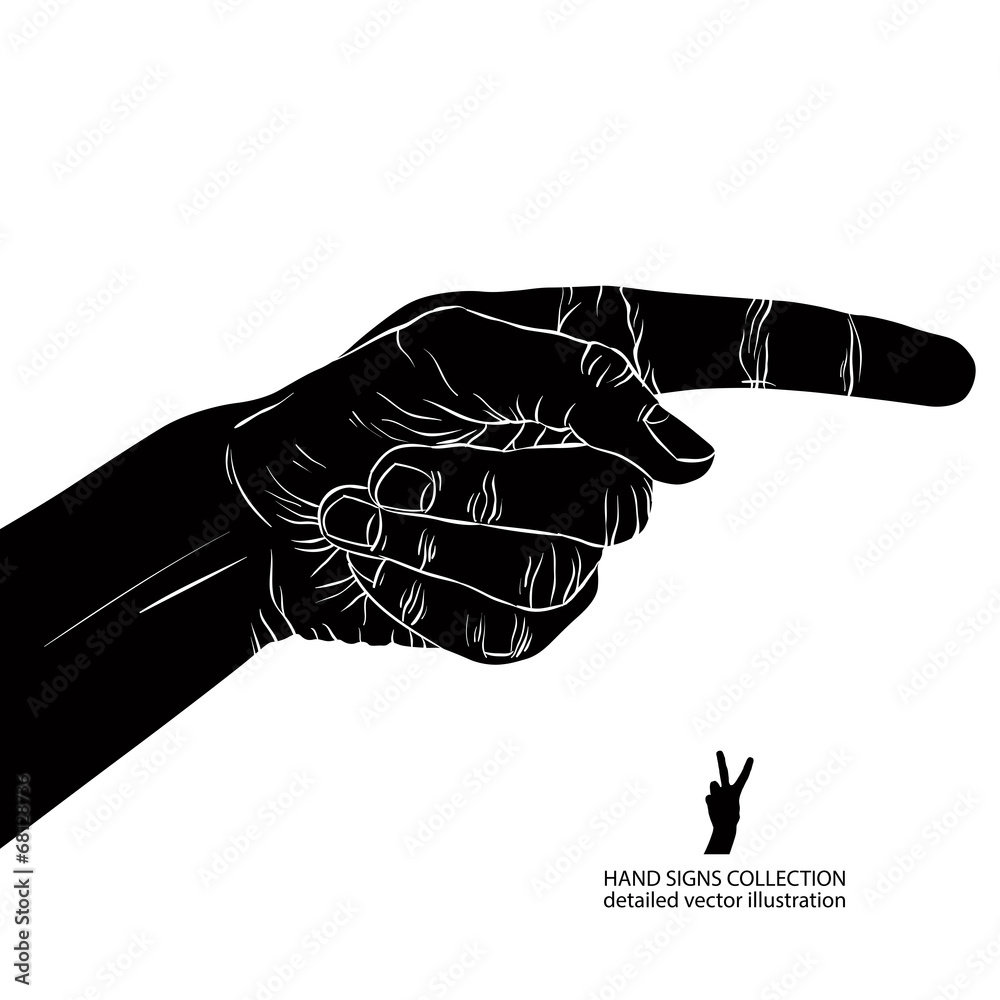 Finger pointing hand, detailed black and white vector illustrati Stock ...