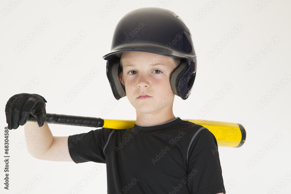 Young boy baseball player resting bat on his shoulder intense fa Stock ...