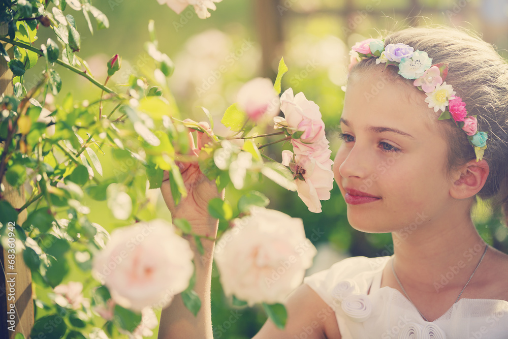 Rose garden - beauty girl playing in the rose garden Stock Photo ...