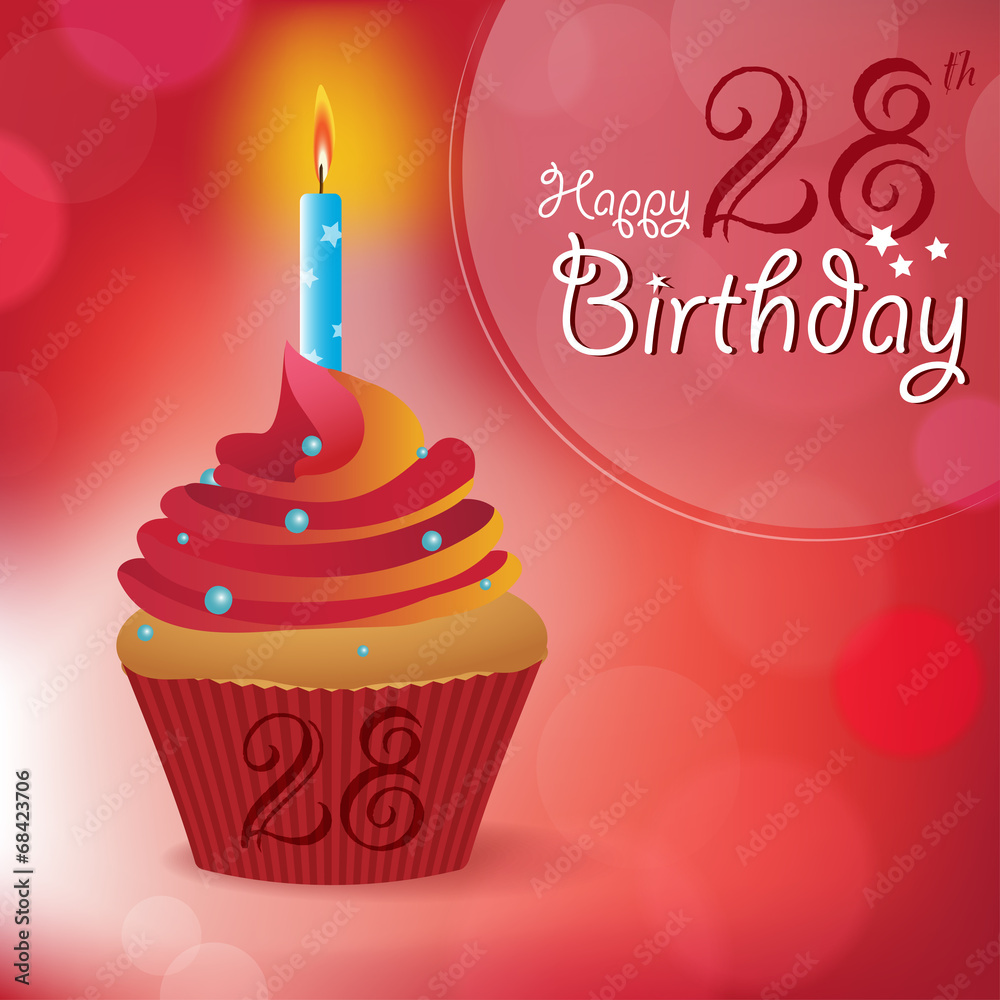 Happy 28th Birthday message -Bokeh Vector -cupcake & candle Stock ...