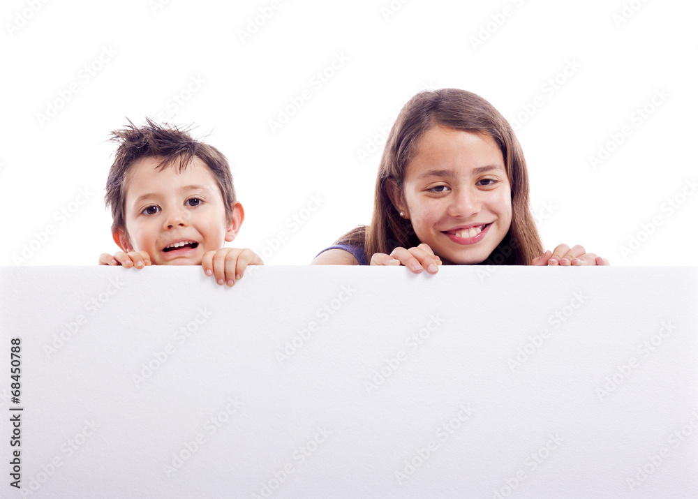Cute kids holding a white board, isolated on white background Stock ...
