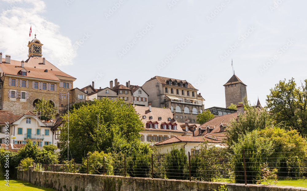 Murten, Altstadt, historisches Schloss, Rathaus, Schweiz Stock Photo ...