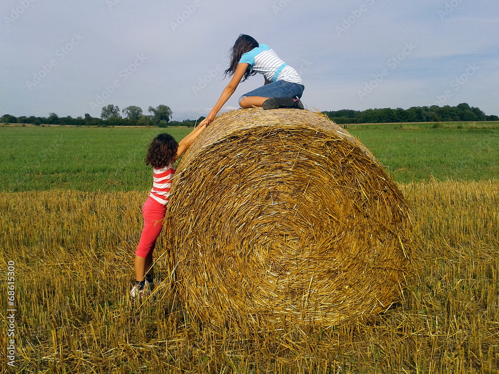 Enfants jouant sur un ballot de foin à la campagne Stock-Foto | Adobe Stock