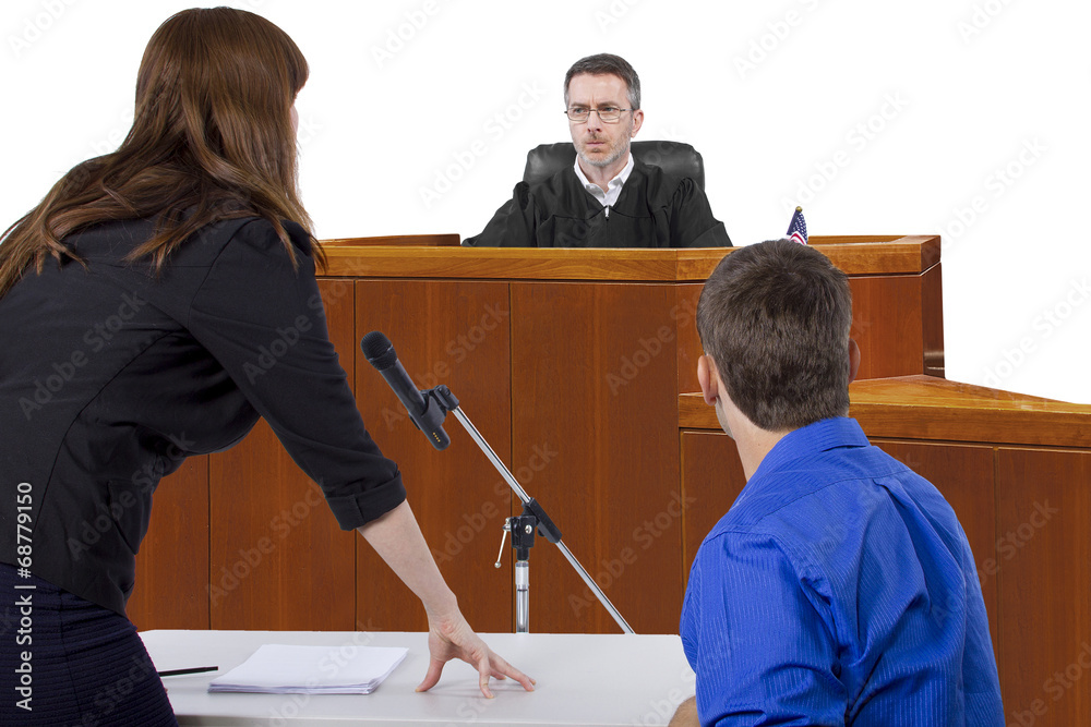 defendant with lawyer speaking to a judge in the courtroom Stock-Foto ...