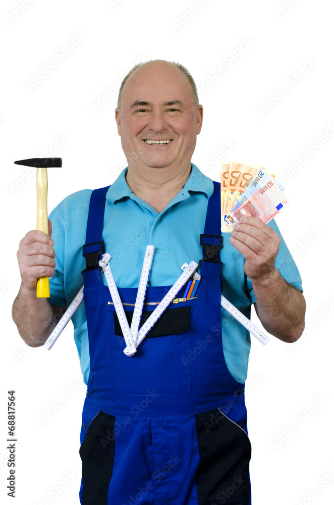 Handwerker mit Hammer und Geld 스톡 사진 | Adobe Stock