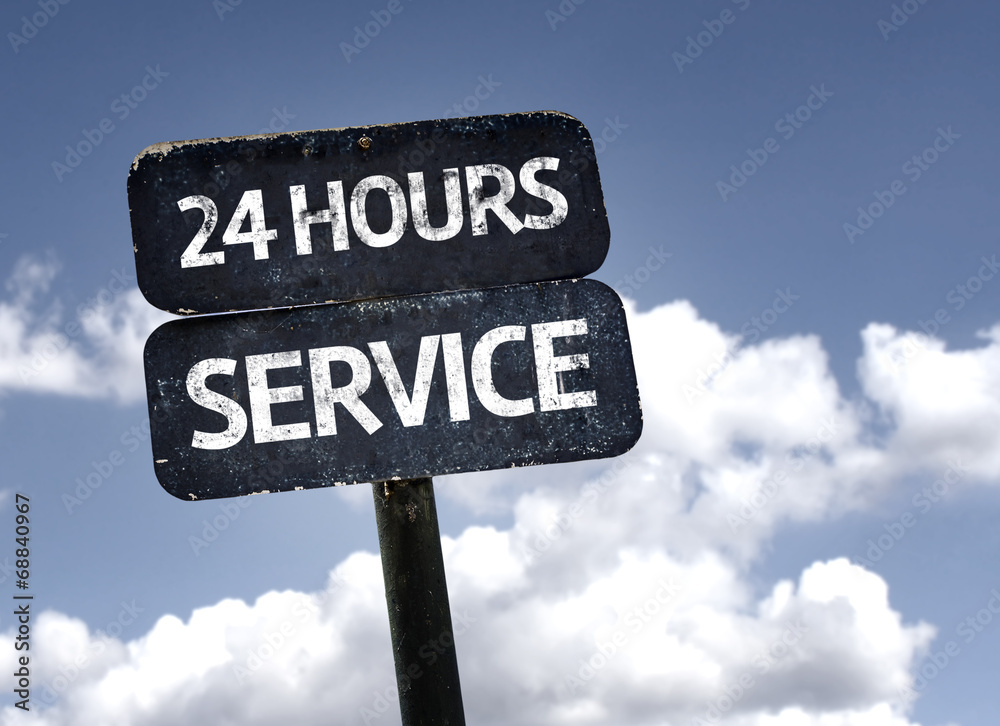 24 Hours Service sign with clouds and sky background Stock Photo ...