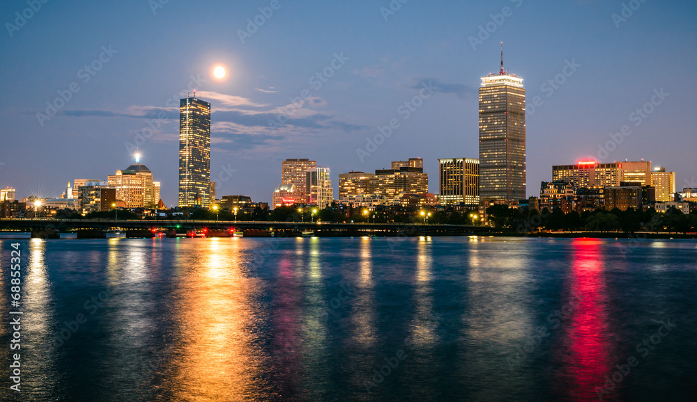 Boston skyline at night with the super moon above. Stock Photo | Adobe ...