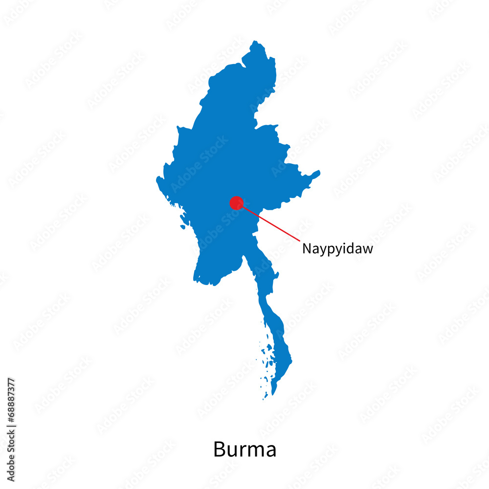 Detailed vector map of Burma and capital city Naypyidaw Stock Vector ...