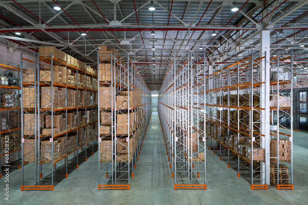 Big automated warehouse, modern shelving and rack system with pallets ...