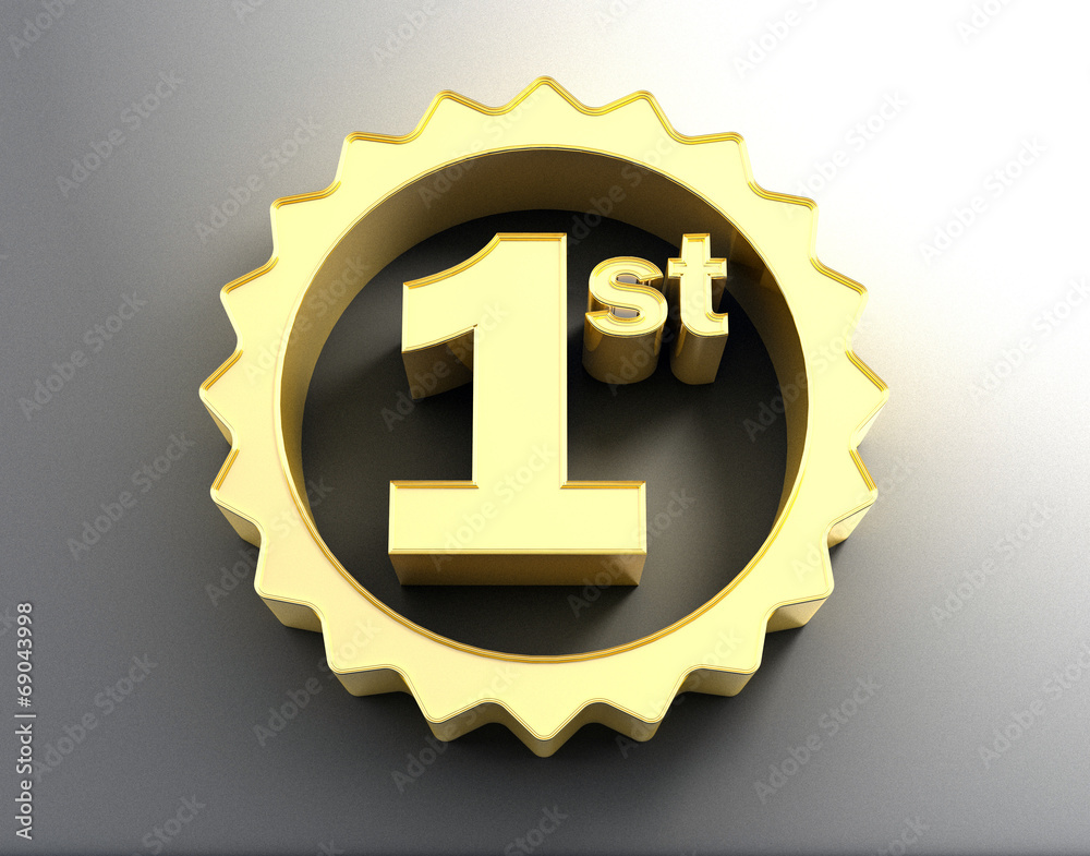 Gold 3D Word First on the wall background. 3D render image. Stock Photo ...