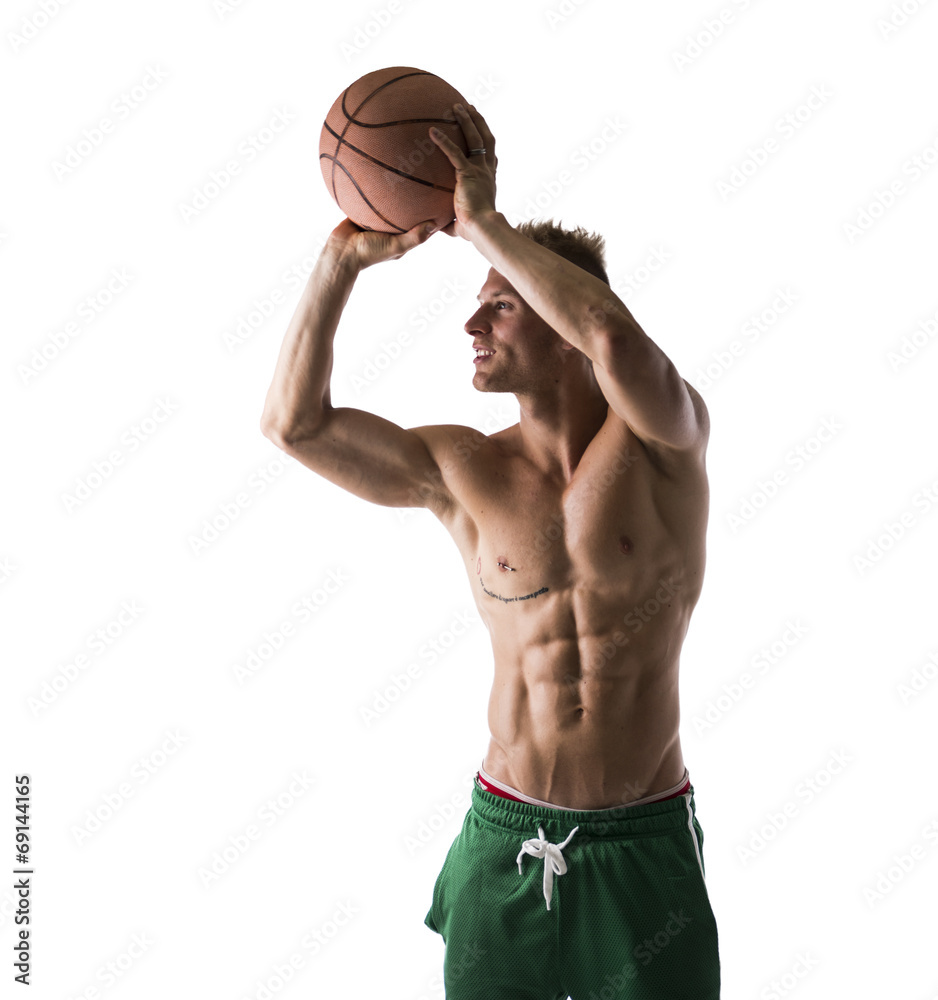 Muscular blond shirtless male model throwing basketball ball Stock ...