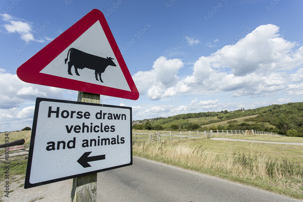 Warning sign for passers by of cattle grazing Stock Photo | Adobe Stock