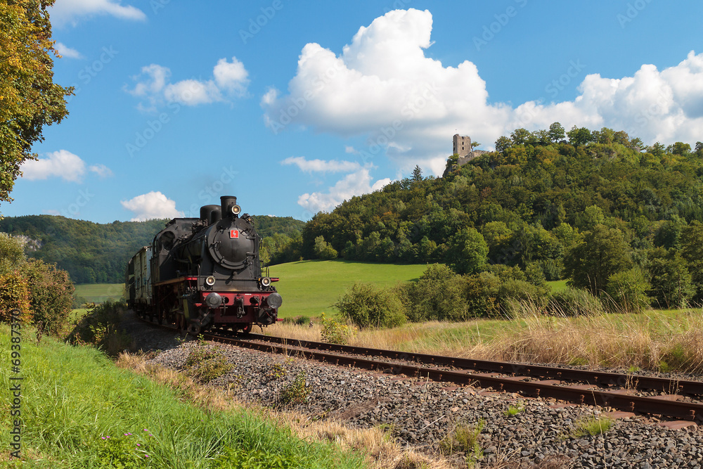Historical Steam Locomotive at the Medieval Castle Ruin Neideck, Stock ...