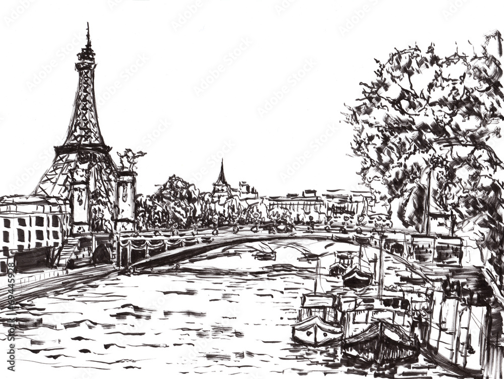 paris river hand draw Stock Illustration | Adobe Stock