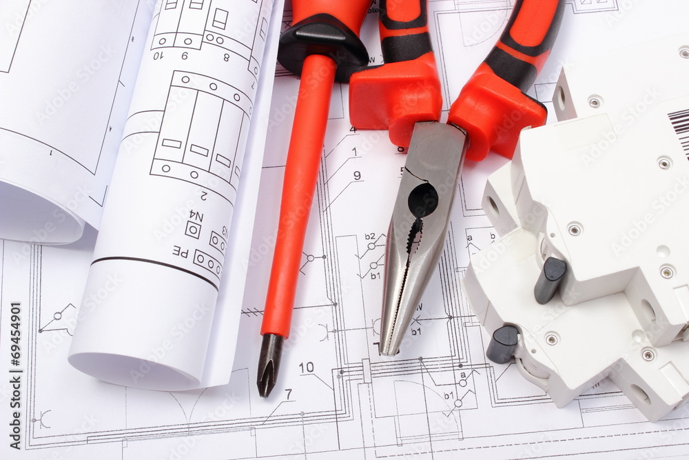 Diagrams, electric fuse and work tools on construction drawing Stock ...
