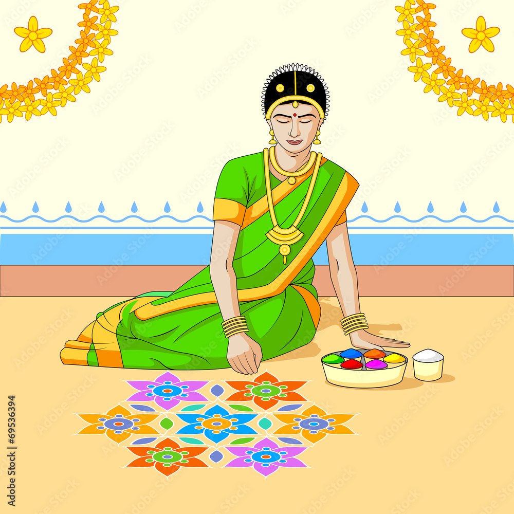 Woman making rangoli for Indian festival Stock Vector | Adobe Stock