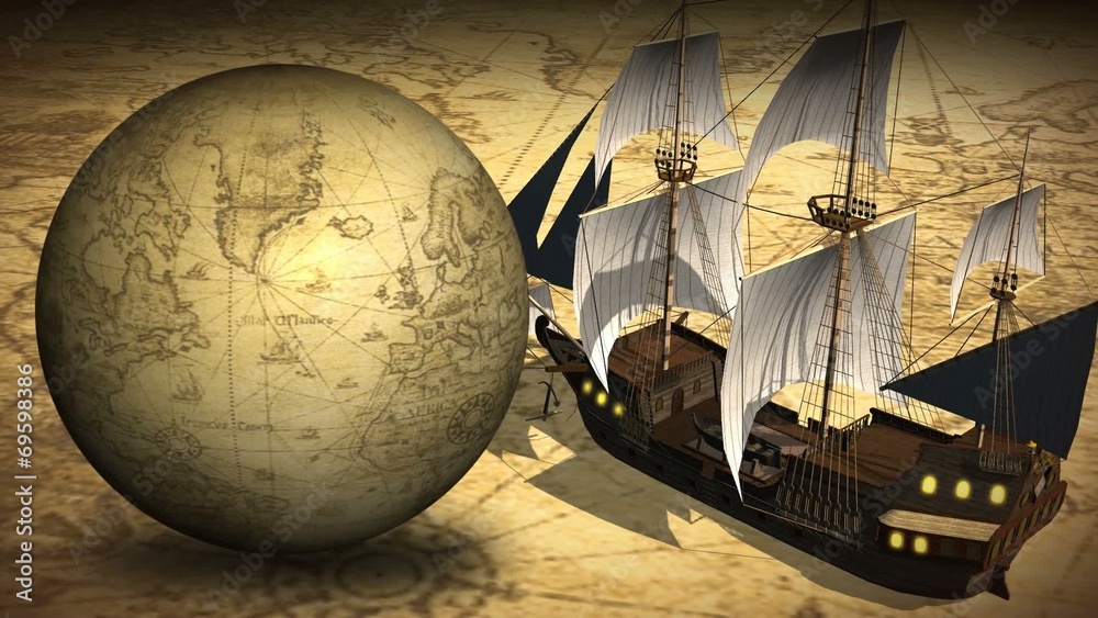 Vintage Rotating Globe And Map Of The World old sailing ship Stock 비디오 ...