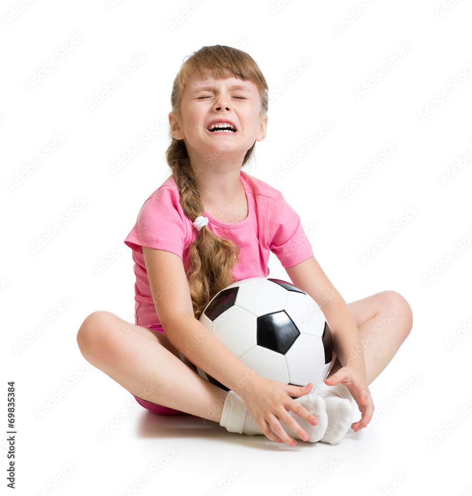 Crying girl with soccer ball isolated on white Stock Photo | Adobe Stock