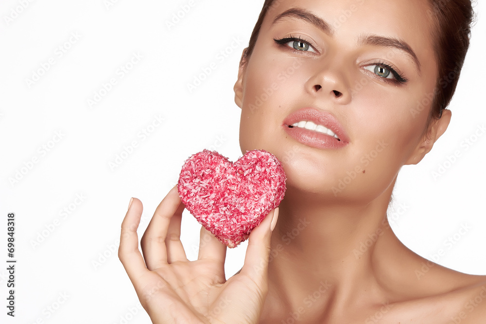 Beautiful Sexy Woman Eating Cake Shape Of Heart Valentine Day Stock