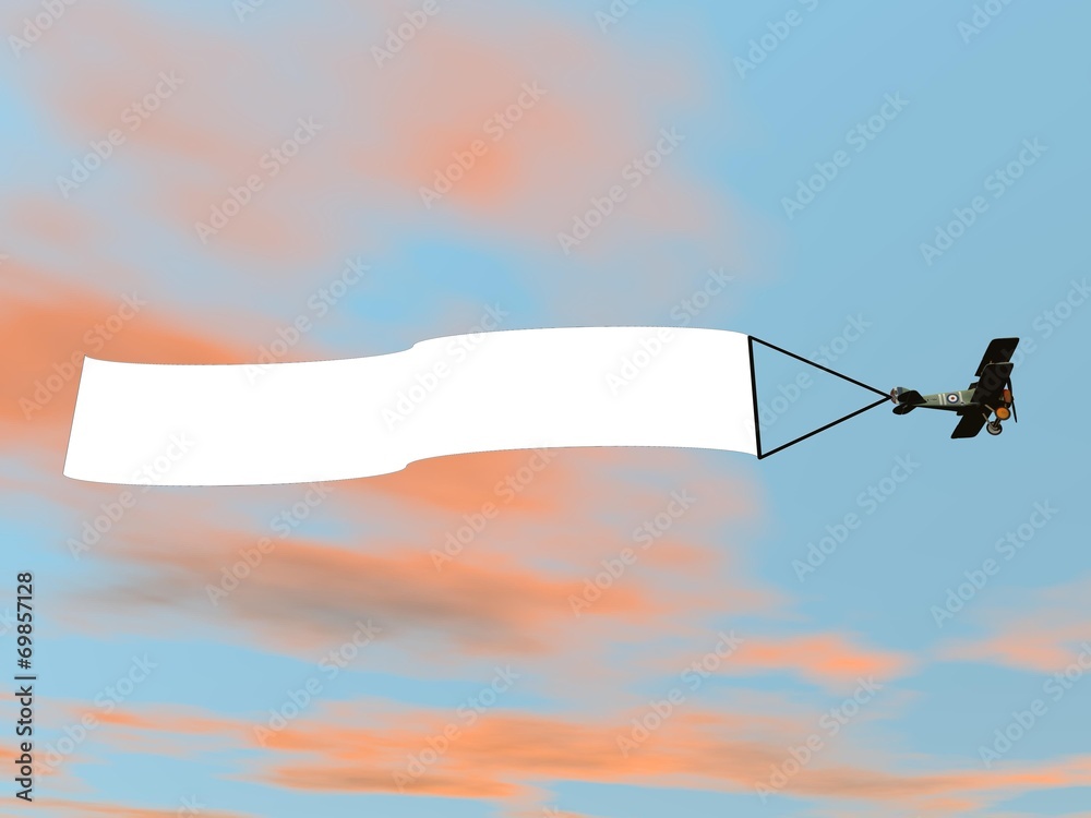 Biplane aircraft pulling advertisement banner - 3D render Stock ...