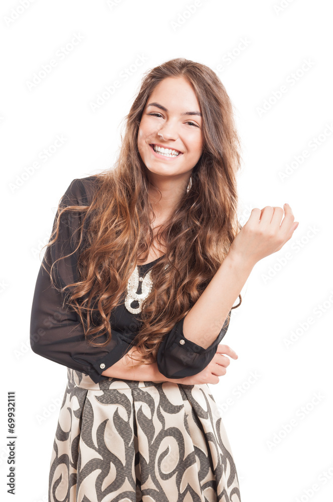 Happy female model with beautiful and natural long hair smiling. Stock ...