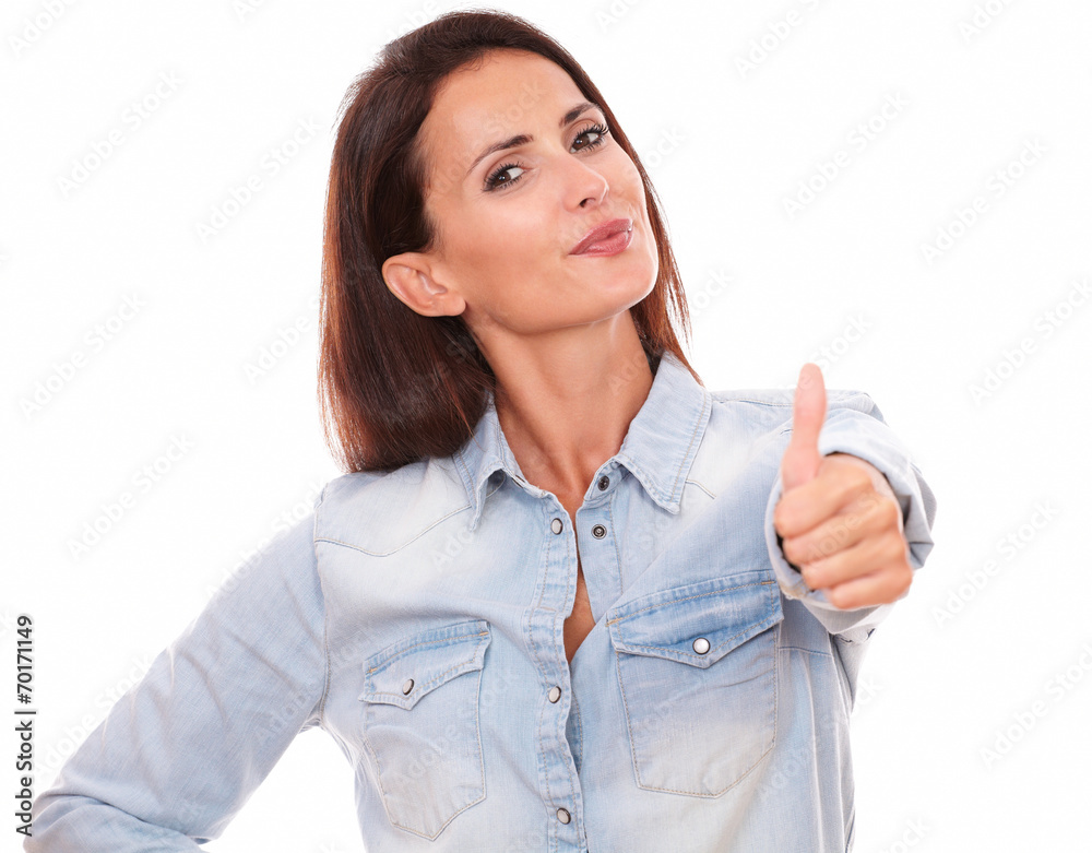 Pretty latin lady with good job gesture Stock Photo | Adobe Stock