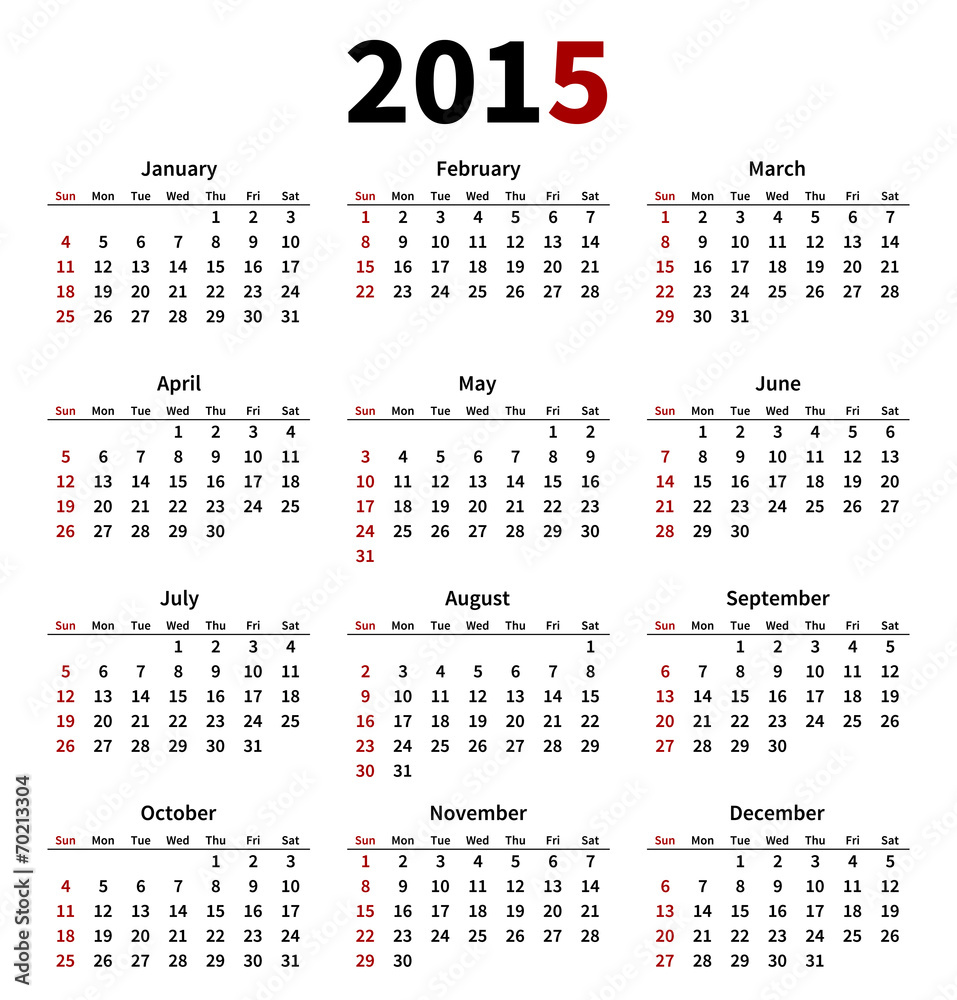 Simple 2015 year calendar on white background Stock Vector | Adobe Stock