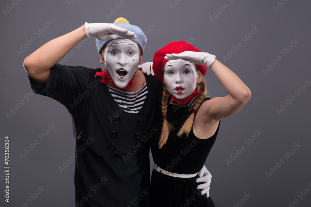 Portrait of funny mime couple with white faces and emotions isol Stock ...