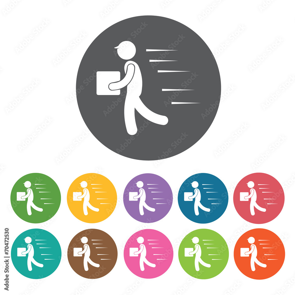 Rush delivery icon. Delivery man shipping icon set. Round colour Stock ...