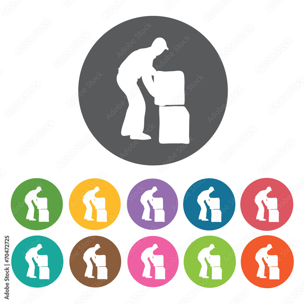 Delivery man stacking boxes icon. Delivery man shipping icon set Stock ...