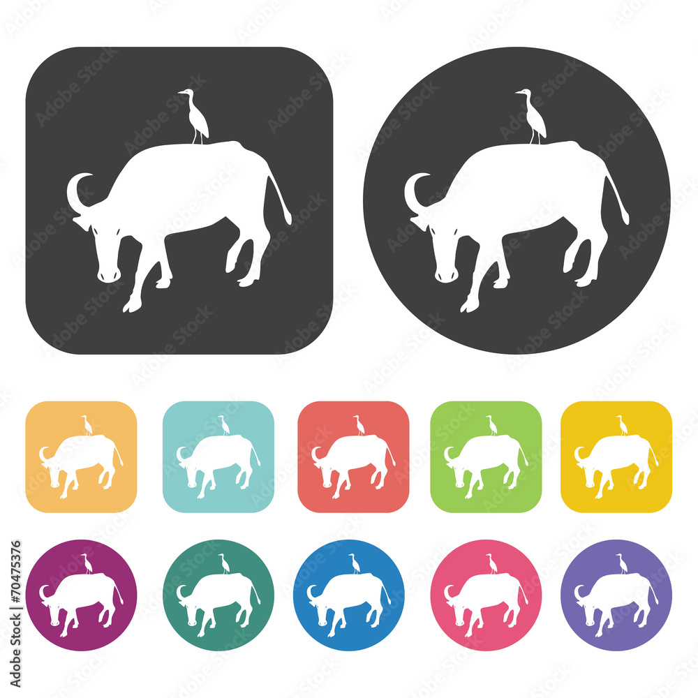 Carabao with Crane icon. Farming icon set. Round and rectangle c Stock ...