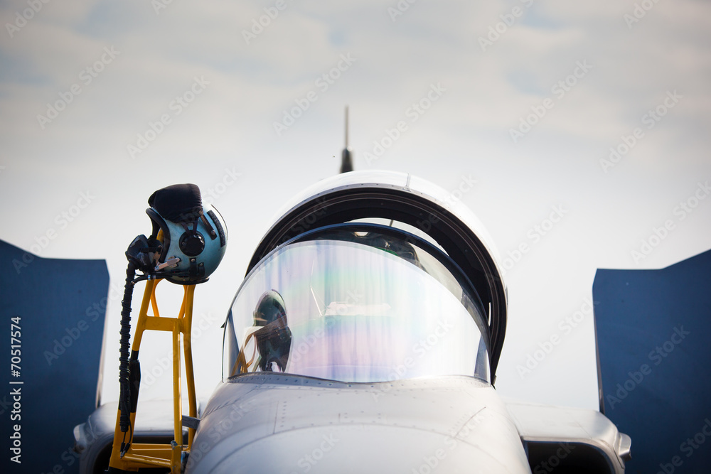 Detail of military fighter/interceptor/jetplane cockpit with pilot's ...
