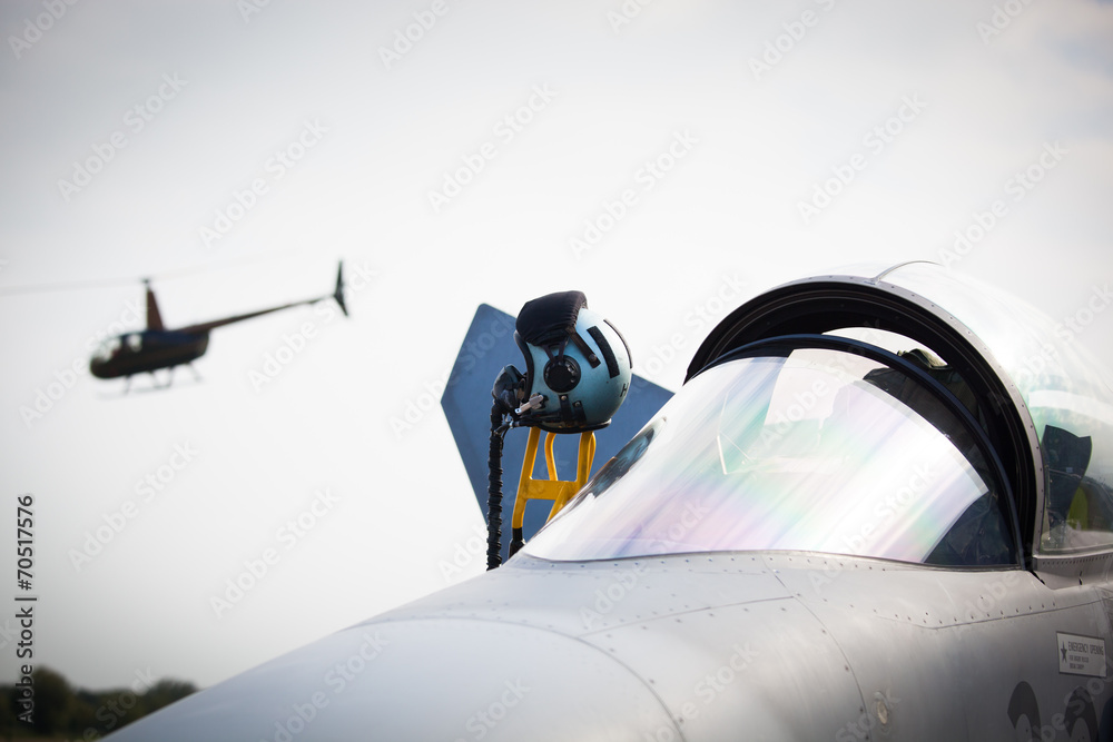 Detail of military fighter/interceptor/jetplane cockpit with pilot's ...