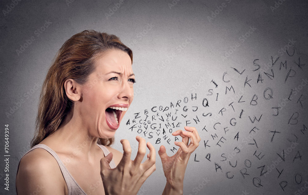 angry woman screaming, alphabet letters coming out of mouth Stock Photo ...