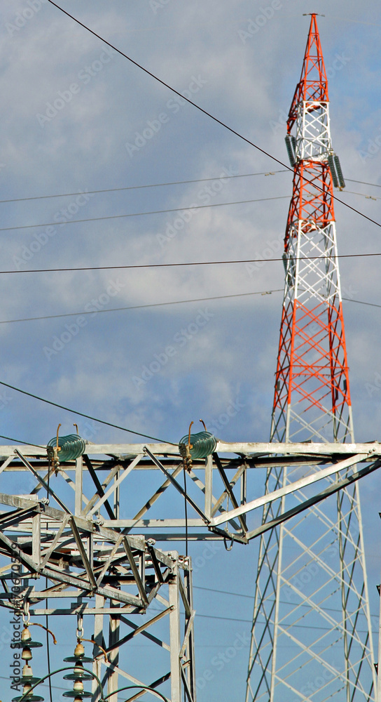 red pylon of the high voltage electric cables in power station Stock ...