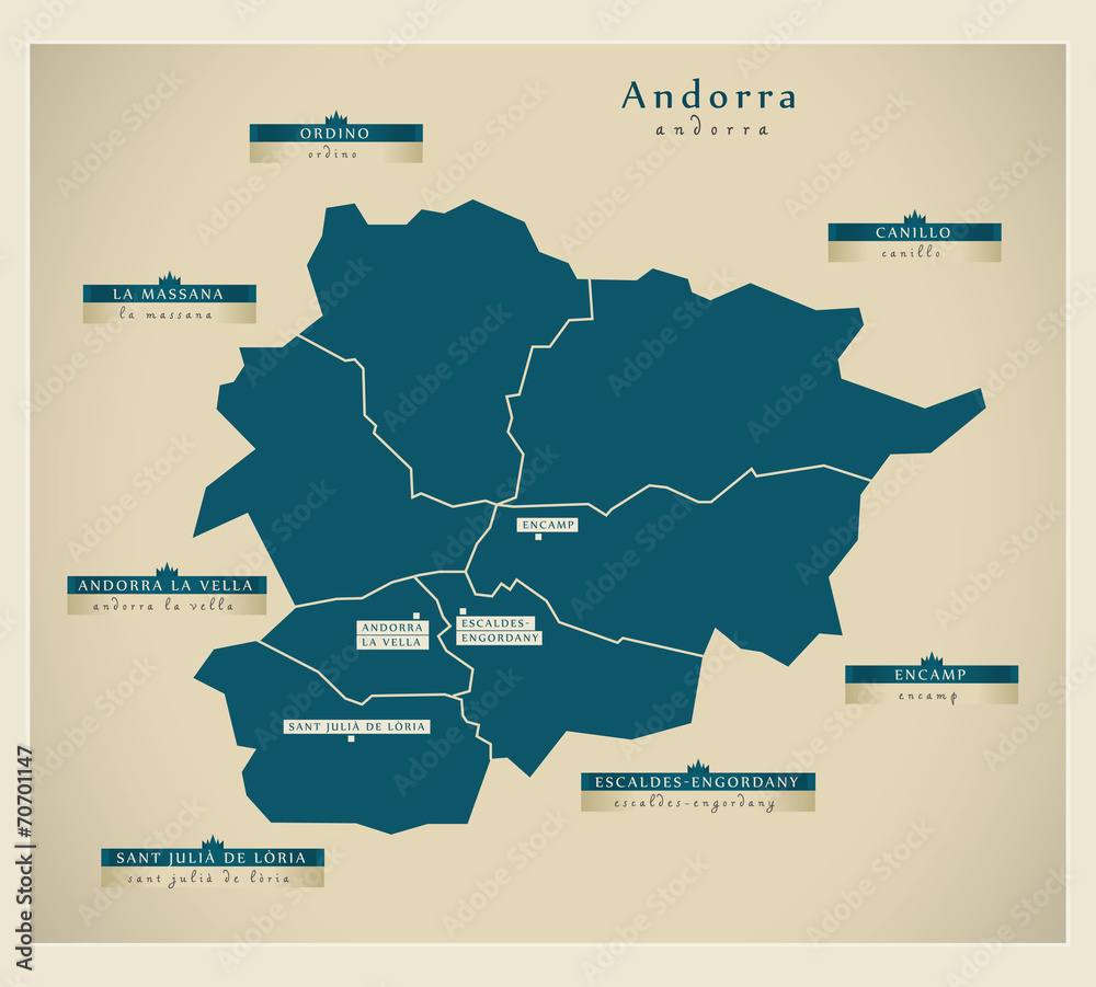 Modern Map - Andorra with cities and districts AD Stock Vector | Adobe ...