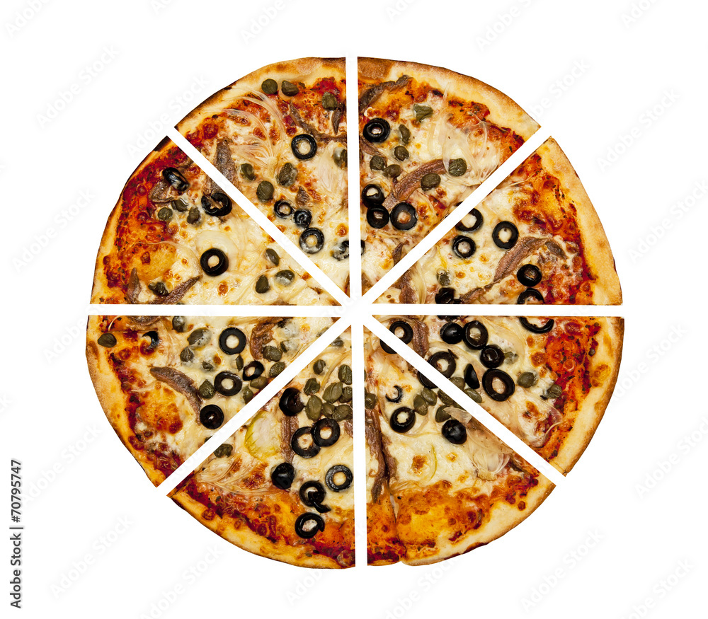 Pizza cut in eight pieces - pie chart divided in eight isolated on ...