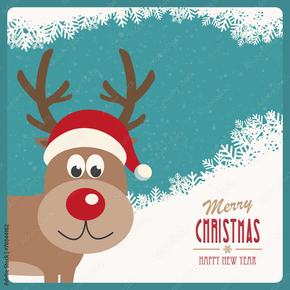 Red Nose Reindeer Santa Hat Snowy Winter Background Stock Vector