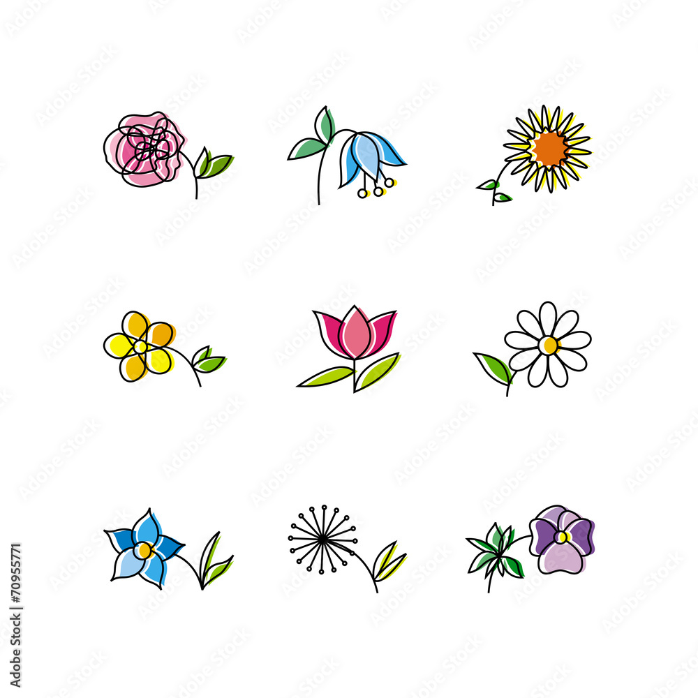 Set of Nine Flowers Isolated on White Background Stock Vector | Adobe Stock