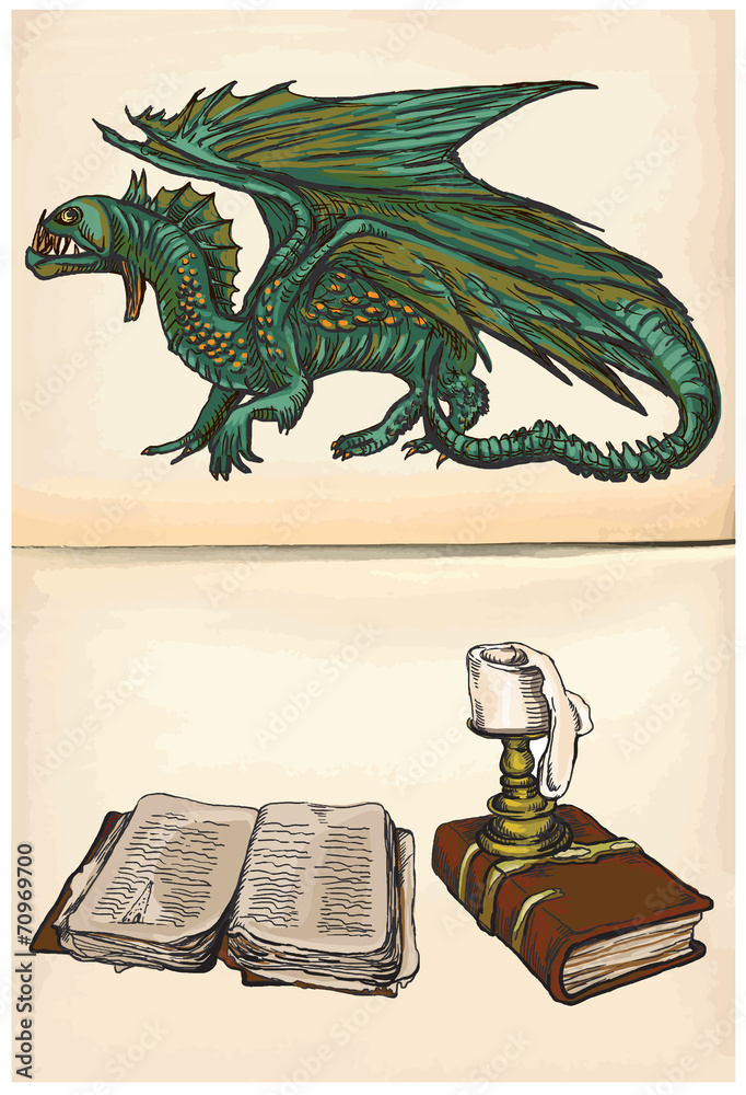 dragon and books - hand drawings, vector Stock Vector | Adobe Stock