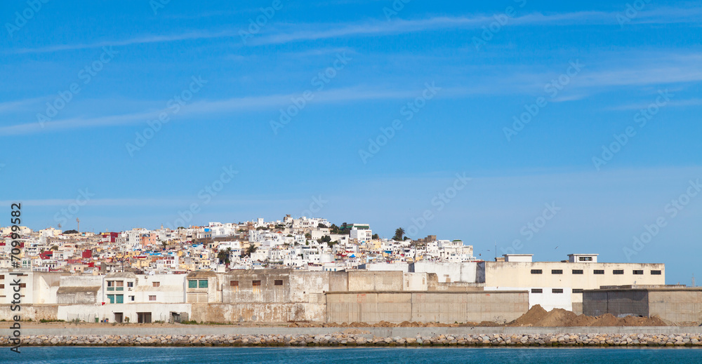 Old Tangier town and port, panorama with blue sky, Morocco, Afri Stock ...
