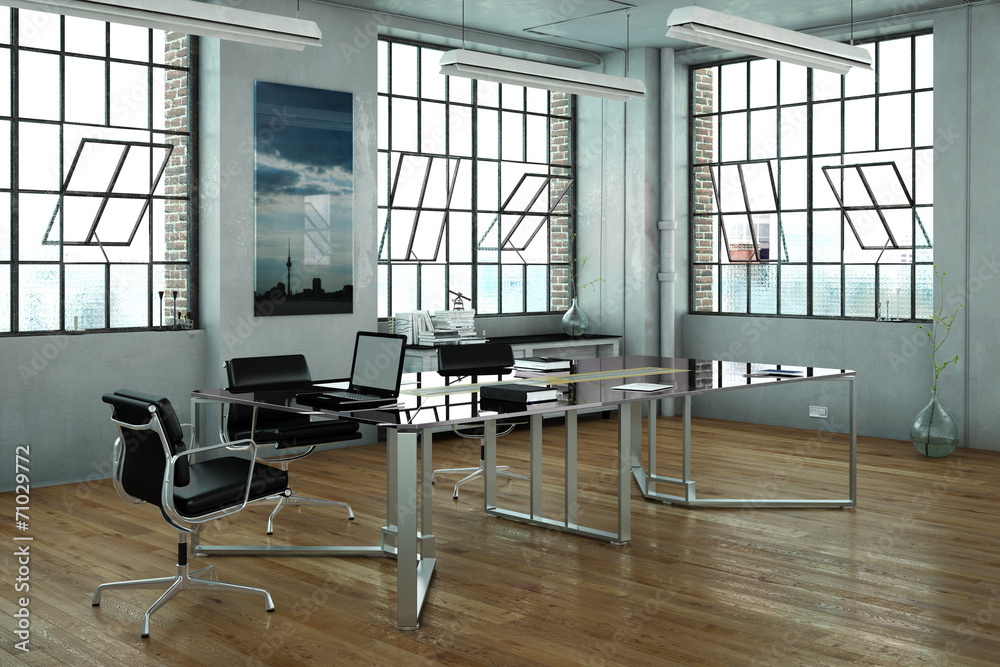 Büro in einem Loft mit Schreibtisch Stock Illustration | Adobe Stock