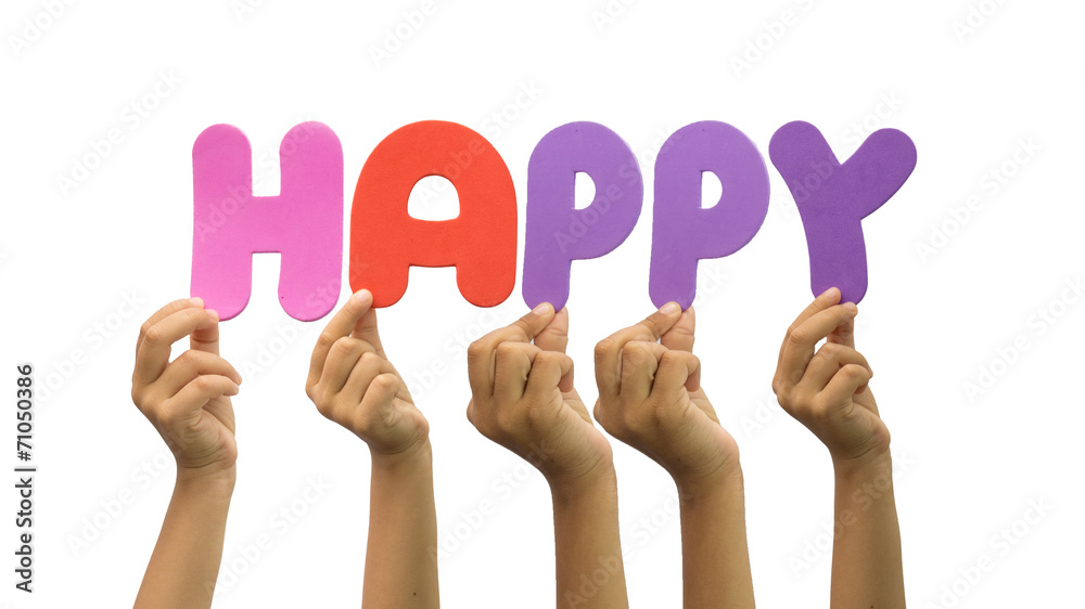 Multiple hands holding the word happy Stock Photo | Adobe Stock