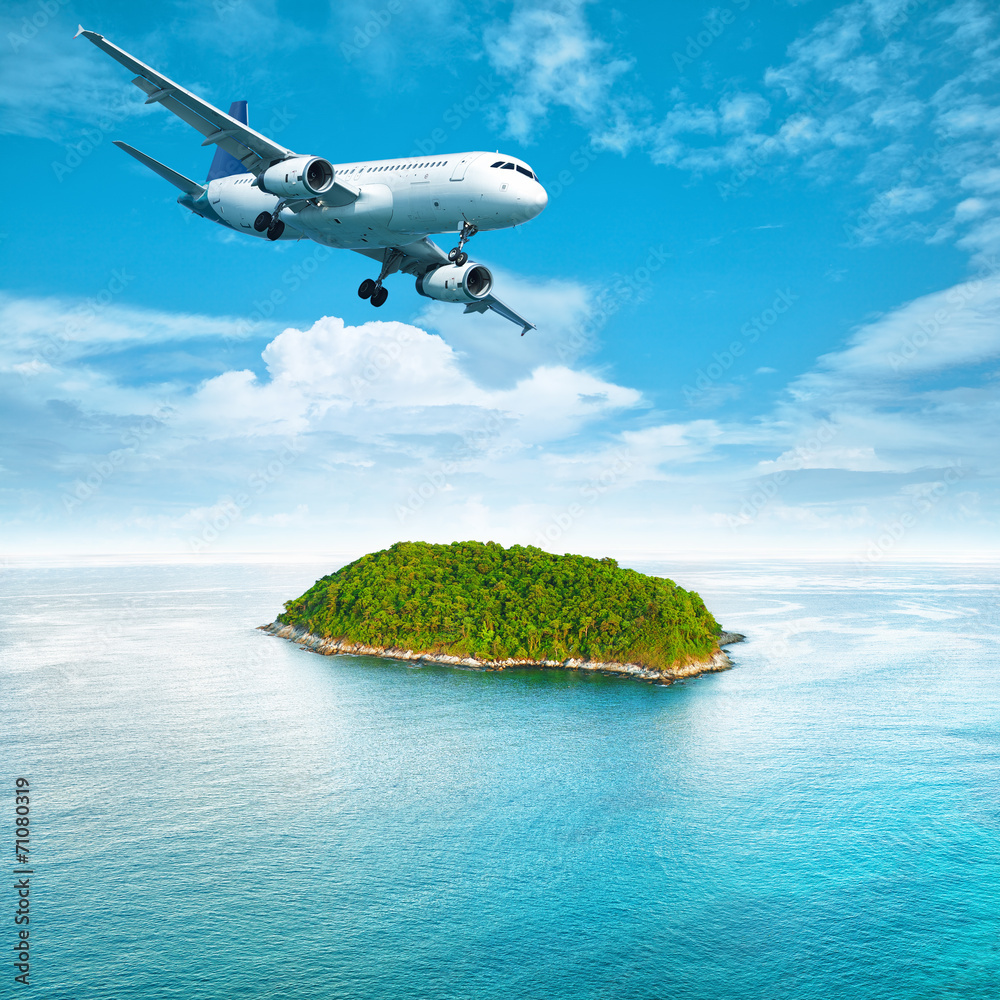 Jet plane over the tropical island Stock Photo | Adobe Stock