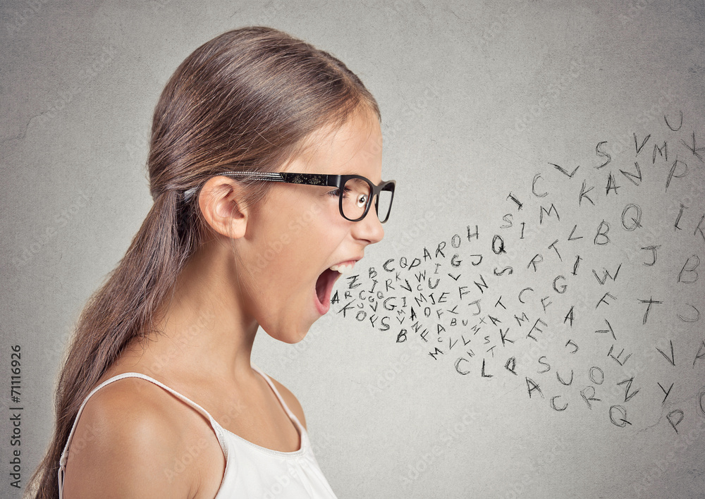 Side profile angry child screaming alphabet letters flying Stock Photo ...