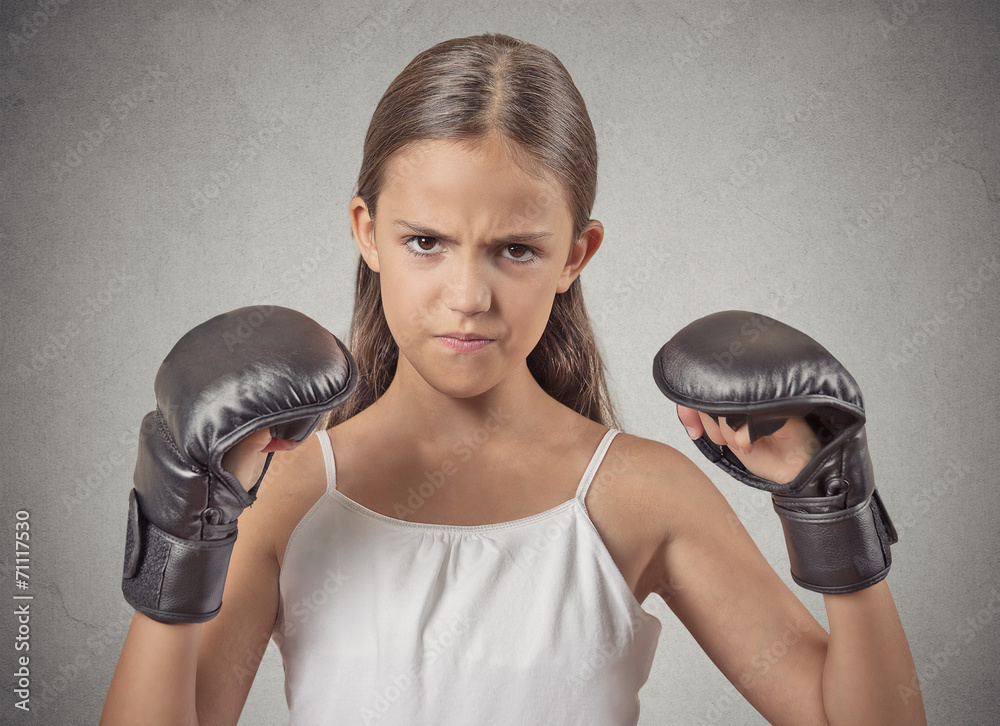 Aggressive child teenager girl wearing boxing gloves Stock Photo ...