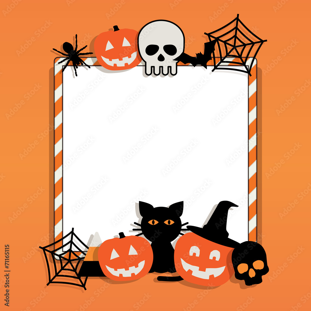 Halloween frame vector pumpkin cat skull and spider clipart on orange ...